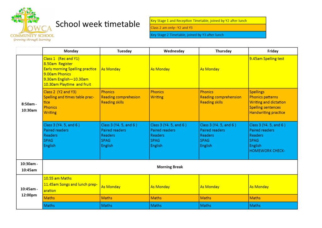 School timetable Sept 2019 July 2020 - Lowca Community School